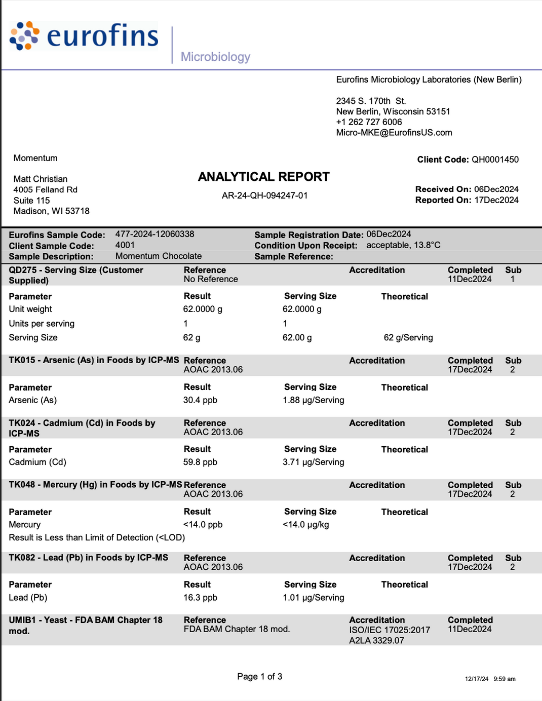 3rd Party Lab Test Results – Momentum Shake